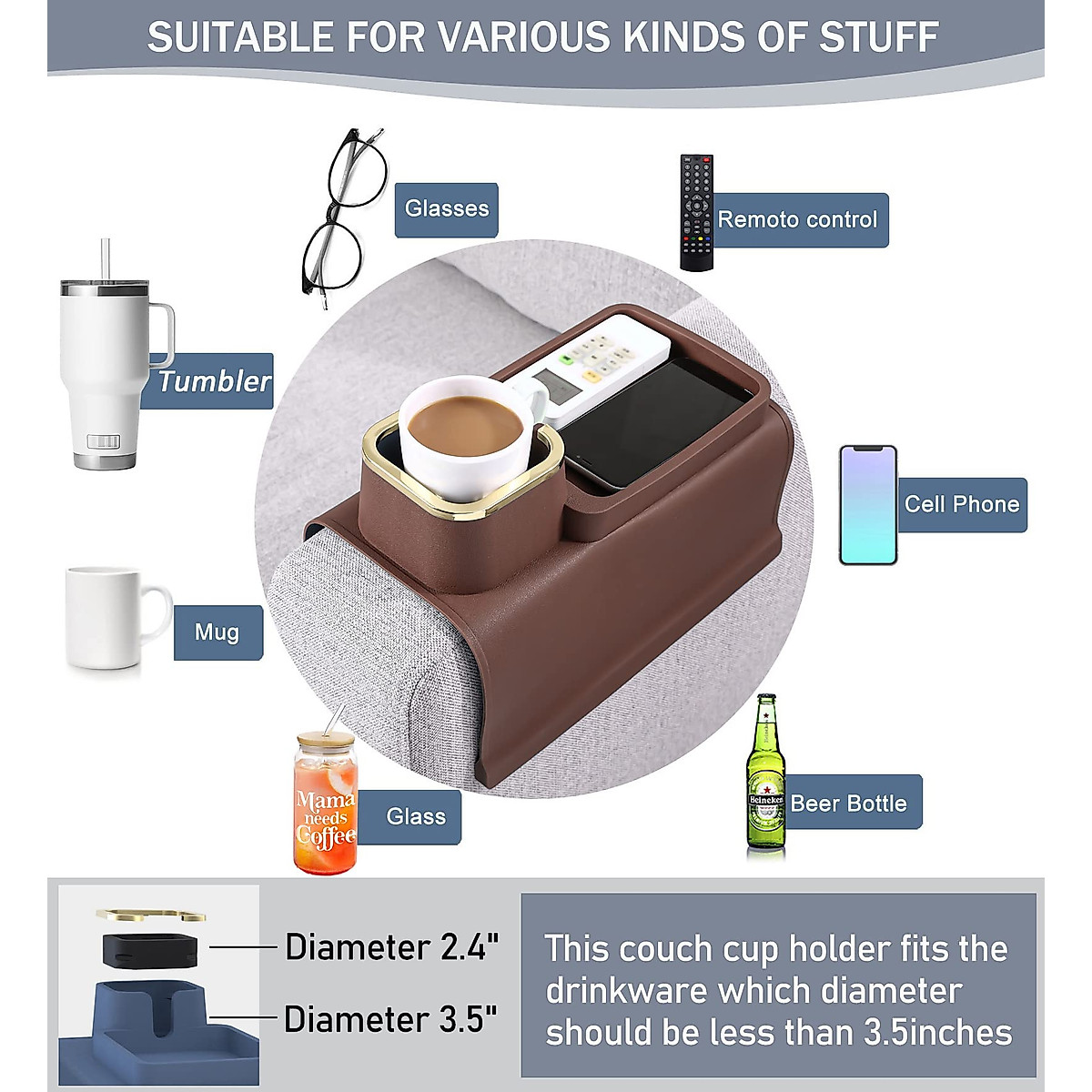 HMASYO Couch Cup Holder Tray - Silicone Sofa Armrest Table Couch Drink Holder and Tray Organizer for Remote Snacks Cellphone, Anti-Spill Anti-Slip Design, Gifts for Family Mom Dad Grandma