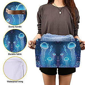 Oyihfvs Glowing Blue Jellyfish Underwater Seahorse World Square Shelves Storage Basket Bin, Waterproof Laundry Hamper Bucket, Baby Nursery Organizer with Handles for Toys Clothes Room Closets