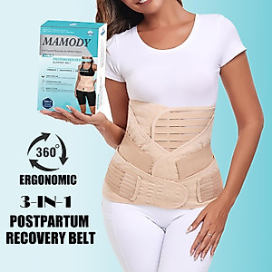 MAMODY 3 in 1 Postpartum Belly Wrap Postpartum Belly Band Support Recovery Belt, After Birth Brace, Body Shaper Waist Shapewear (XL, Classic Beige)