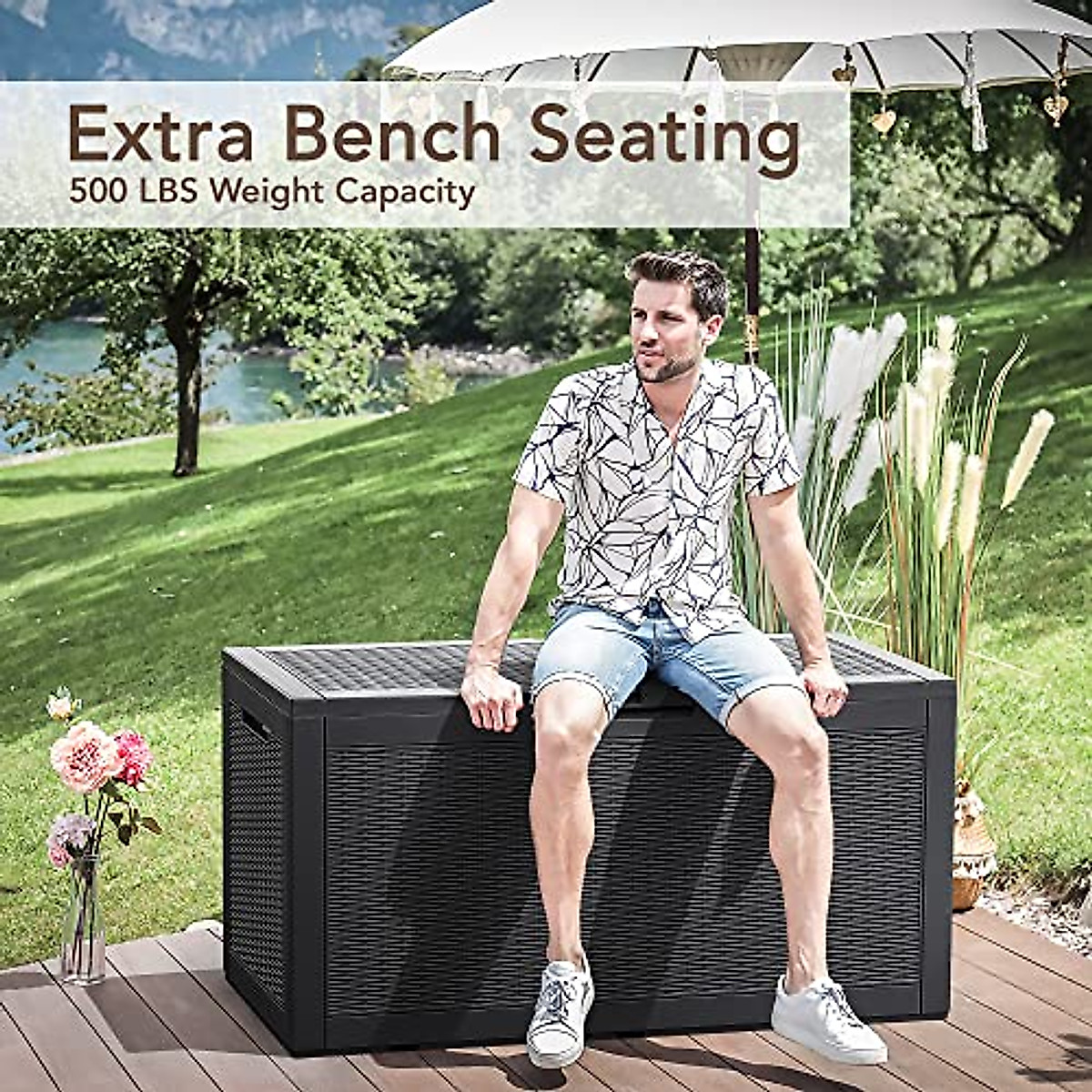 Homall 100 Gallon Large Resin Deck Box Waterproof Outdoor Storage with Padlock Indoor Outdoor Organization and Storage Container for Patio Furniture Cushions, Pool Toys, Garden Tools (Black)