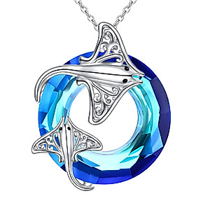 Ladytree Stingray Necklaces for Stingray Lover Sterling Silver Manta Ray Blue Circle Crystal Necklace Ocean Animal Jewelry for Women Mother from Daughter Son