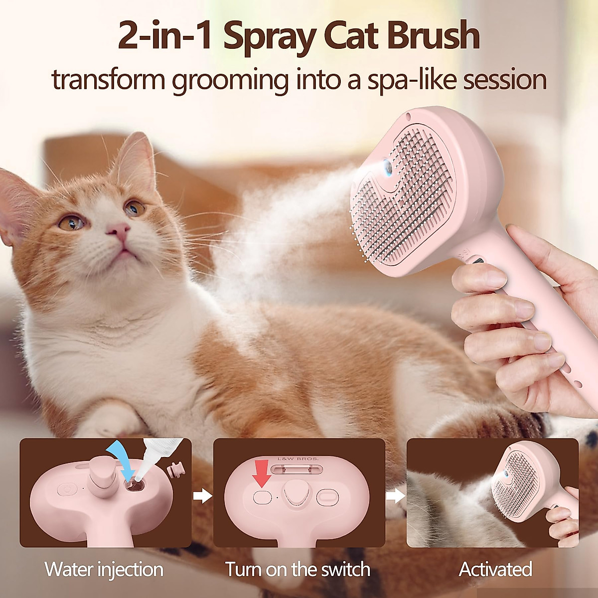 L&W BROS. Cat Steam Brush for Shedding Self Cleaning Steamy Cat Brush Cats Hair Grooming Brush Misting Cat Steamer Brush for Long Haired Cats(Pink)