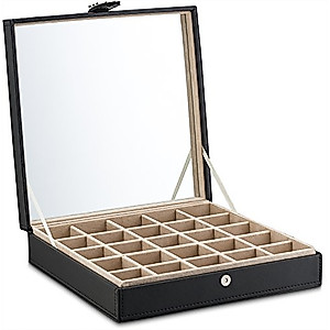 Glenor Co Earring Organizer - Classic 25 Section Jewelry Box/Case/Holder for Earrings, Rings, Necklaces, Jewelry, Cufflinks or Collections. 25 Small Compartments with Elegant Large Mirror - Black