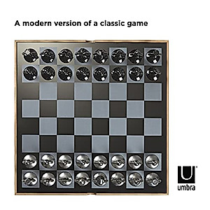 Umbra Buddy Chess Set For Kids & Adults – Modern Original Chessboard Game Made of Metal With Nickel & Titanium Finish – Measures 13 x 13 by 1 ½ Inch (33 x 33 x 3.8 cm) - Velvet Bottom for Easy Moving