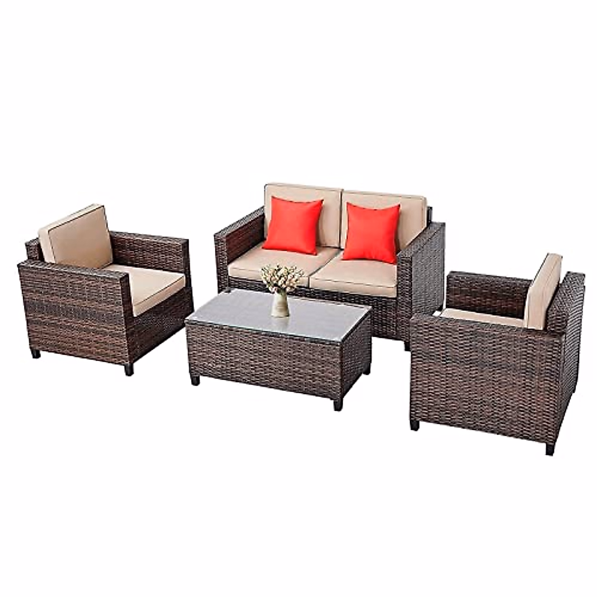 SUNCROWN 4-Piece Outdoor Patio Wicker Furniture Sofa Set, Sectional Conversation Set with Cushions and Tempered Glass Table-Brown