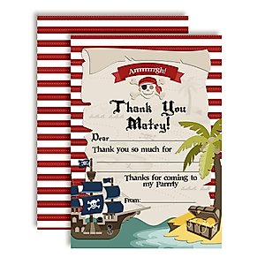 Pirate Treasure Map Birthday Thank You Notes, Ten 4" x 5.5" Fill In The Blank Cards with 10 White Envelopes by AmandaCreation