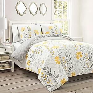 Lush Decor Aprile Reversible Soft Cotton Duvet Cover, 3 Piece Set, Full/ Queen, Yellow & Gray - Spring Bedding Set - Yellow Flower & Leaf Print - Floral Duvet Cover - Cottage & Farmhouse Bedroom Decor