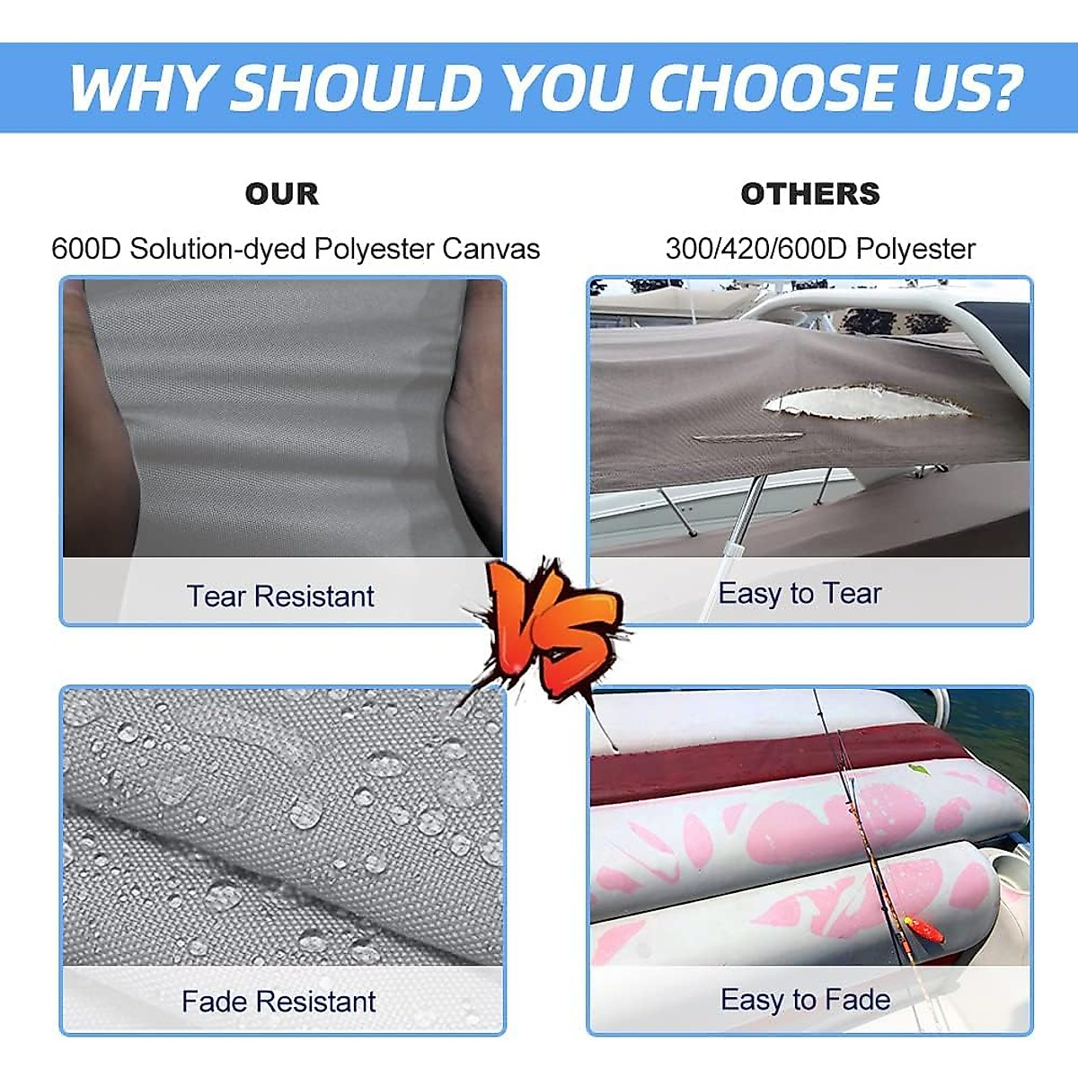 4 Bow Marine Grade Fade and Crack Resistant Bimini Top Replacement Cover, Heavy-Duty Waterproof and UV-proof Sun Shade Boat Canopy, Easy Install Zipper Sleeve Boat Awning/Without Frame, Grey