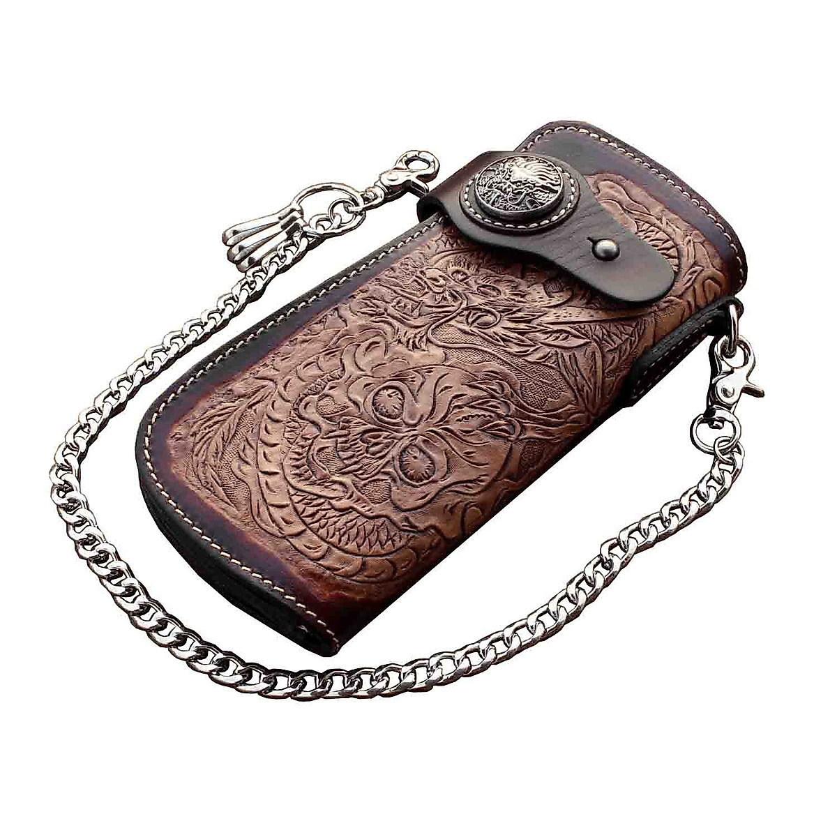 crazy hunter Dragon Skull Motorcylce Biker Cow Leather Card Holder Handmade Wallet With Chain L66
