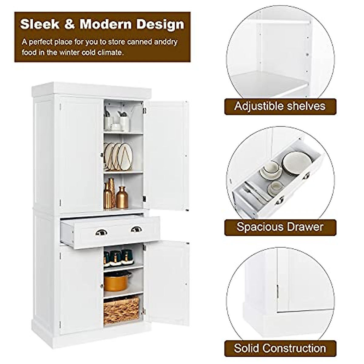 VINGLI 72In Freestanding Kitchen Pantry Cabinet with Doors and Shelves and Drawer, Pantry Cupboard, Tall Wooden Storage Cabinet with Shelves, Assembly Required, White