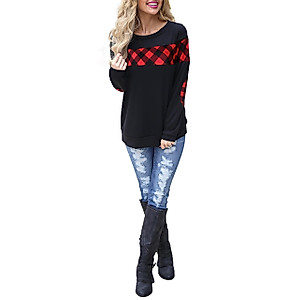 Blooming Jelly Women's Color Block Plaid Shirt Crew Neck Elbow Patches Pullover Sweatshirt Christmas Top(M) Black