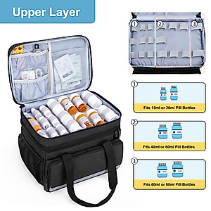 CURMIO Double Layers Pill Bottle Organizer Bag Empty, Medicine Organizer Storage Case with Lockable Zippers, Medication Travel Bag for Prescription Bottles, Medical Supplies, Black (Patent Design)