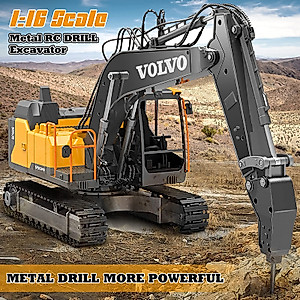 DOUBLE E Volvo RC Excavator 17 Channel 3 in 1 Construction Toys, 17 Channel Remote Control Vehicles Tractor Sandbox Toys Digger with Metal Shovel Drill Grab RC Truck for Kids Adults
