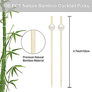 Elyum Cocktail Picks 100 PCS Toothpicks for Appetizers Bamboo Cocktail Skewers for Appetizers with White Pearls Food Picks for Party, Wedding, Dessert, Fruit (White, 4.7 Inch)
