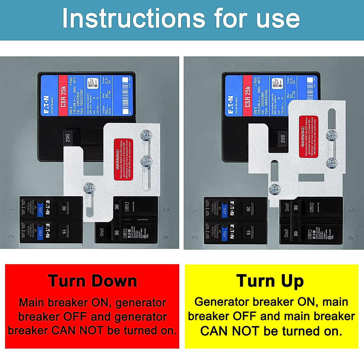 Generator Interlock Kit Compatible with Eaton Cutler Hammer BR SERIES 150 and 200 amp Panels, Generator Horizontal Electrical Interlock Kit, 1 1/4-1 7/16 inches Spacing Between Main and Branch Breaker