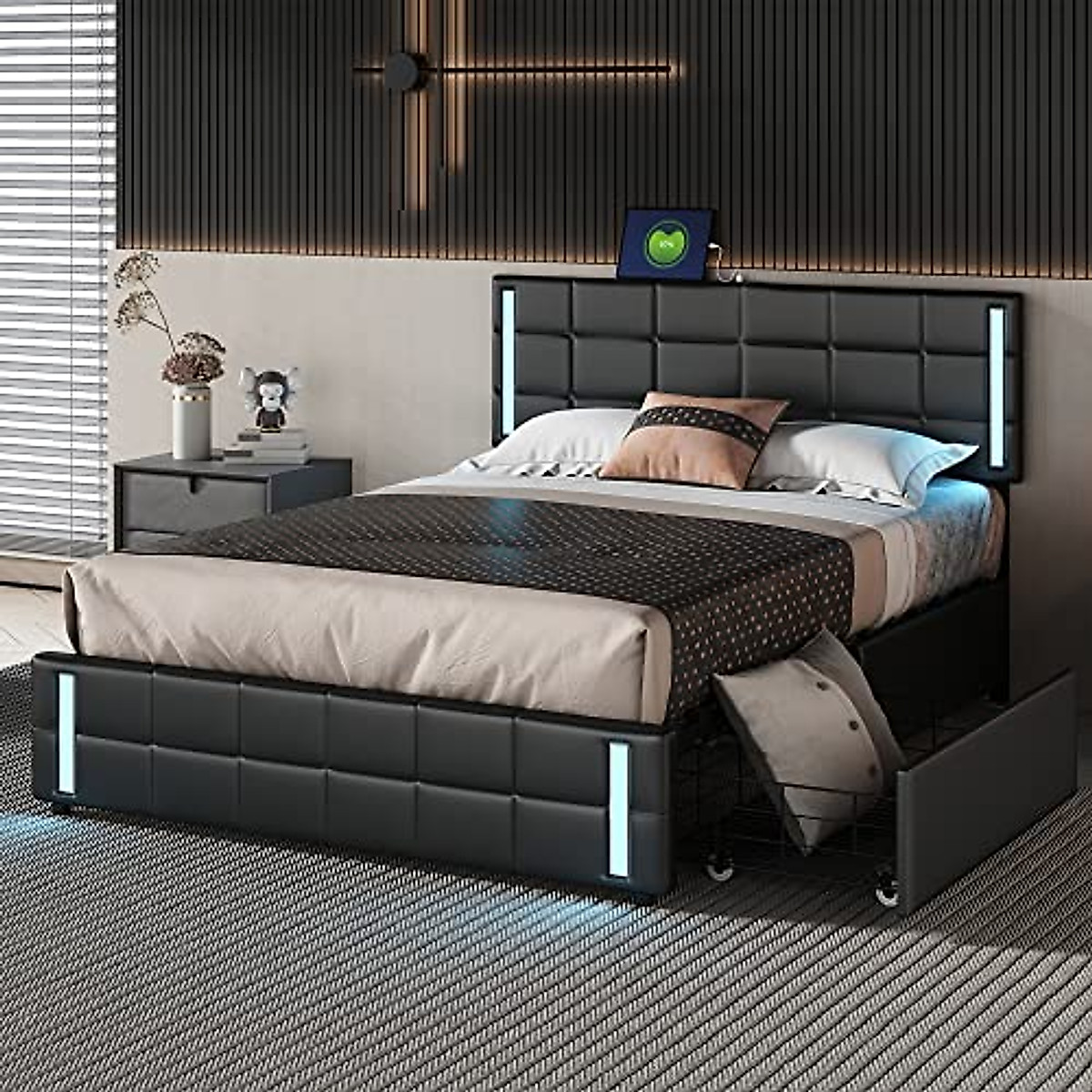 Queen Bed Frame with 4 Storage Drawers,Queen Size Platform Bed with USB Charging and LED Light, Artificial Leather Upholstered Bed with Adjustable Headboard, No Box Spring Needed,Black (Black)