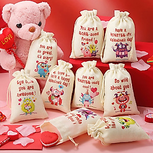 45 Pcs Valentine's Day Burlap Bags Burlap Canvas Gift Bags with Monster Pattern Valentine Linen Reusable Drawstring Bags Candy Treat for Boys Girls Valentine's Day Favors Party Gifts Supply 6 x 4 Inch