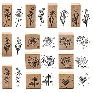 12 Pieces Vintage Wooden Flower Stamp Rubber Plant Decorative Mounted Rubber Stamp Set for DIY Craft, Letters Diary and Craft Scrapbooking