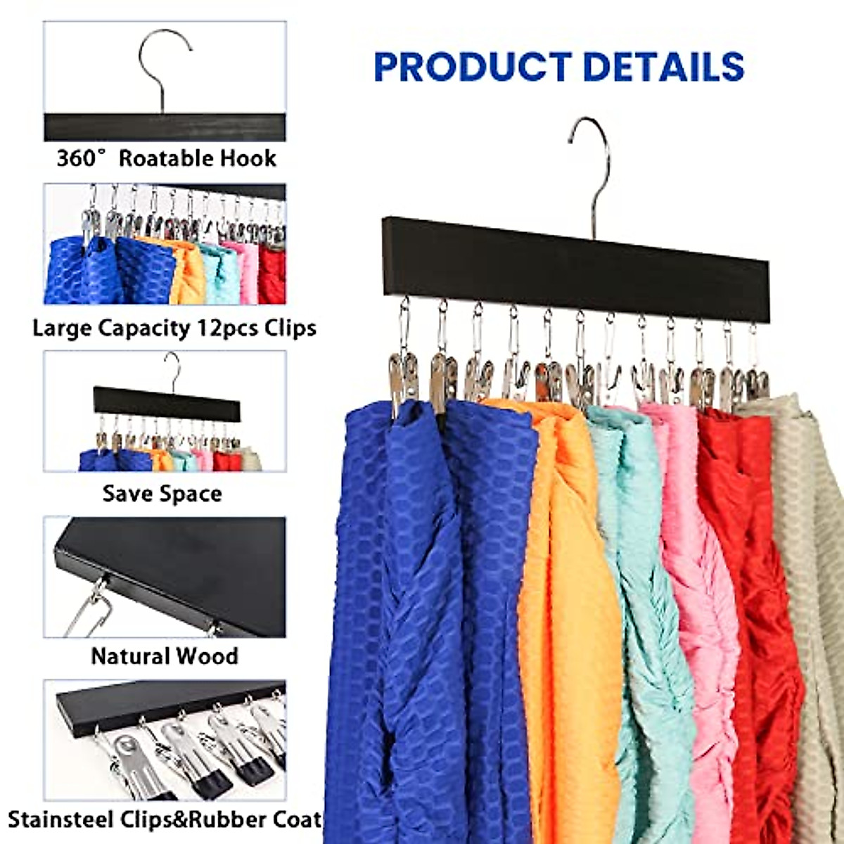 PULNCD Legging Organizer for Closet 2pcs Pants Hangers Skirt Hanger with 12 Clip Holds 24 Leggings/Pants/Jeans with 360°Roatable Hook Closet Space Saver Pants Organizer (Black-2pcs)