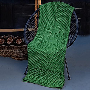 SAOL Irish Throw with Shamrock - 100% Merino Wool Aran Couch Blanket 48'' x 68'' (122 x 173 cm) (Green)