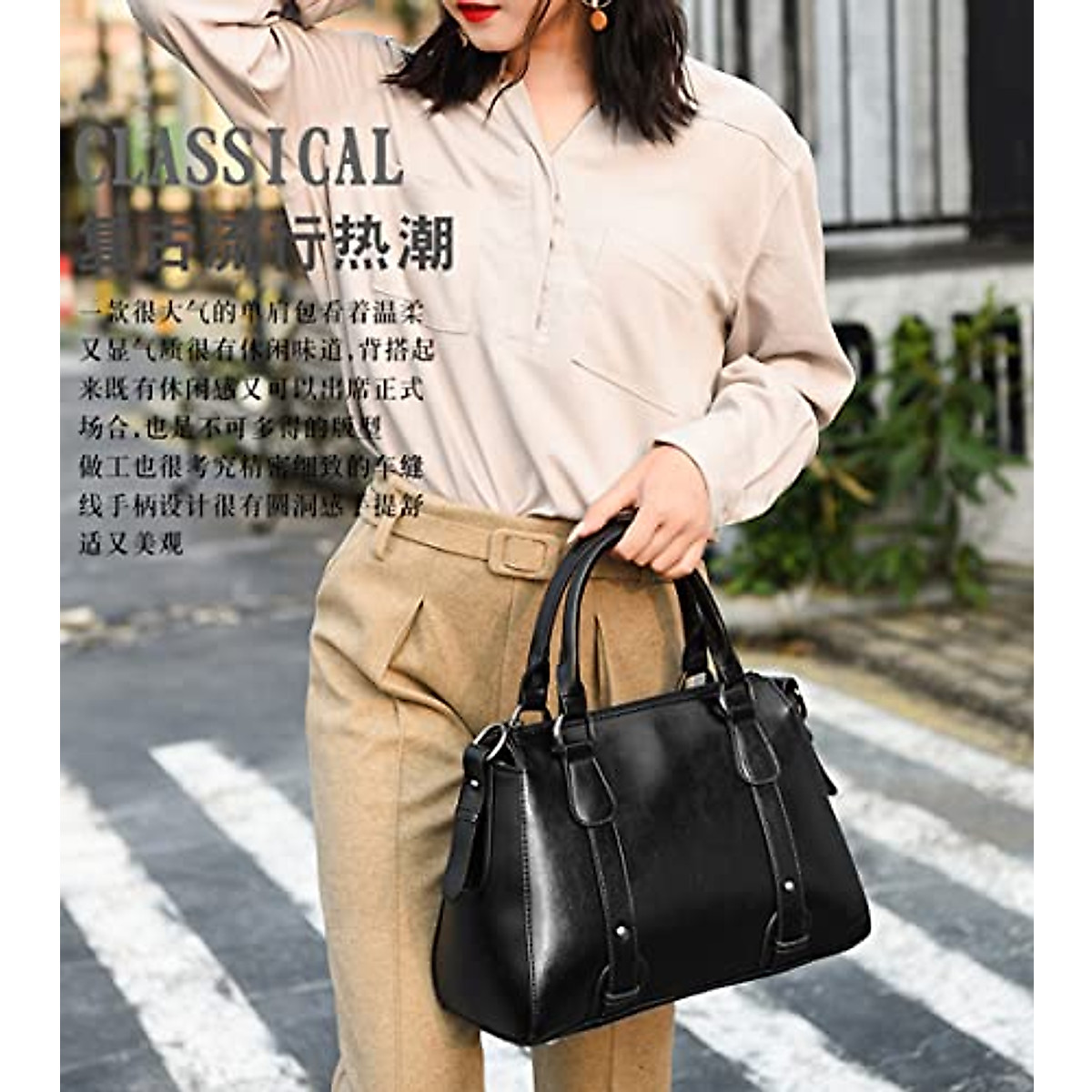 Genuine Leather Satchel Handbag for Women Top Handle Purse Fashion Crossbody Bag Ladies Tote Purse with Zipper (Black)