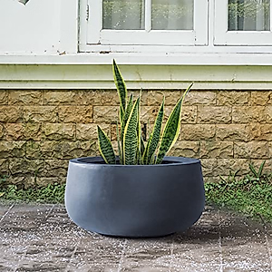 Kante 15.7" Dia Round Concrete Planter, Outdoor Indoor Garden Plant Pots with Drainage Hole and Rubber Plug, Modern Curvaceous Design, Charcoal