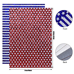Shalun Independence Day Faux Leather Sheets 8x12inch Sparkle Shiny Red Blue with White Stars Stripes American Flag Patriotic Pattern 4th July Chunky Glitter PU Canvas Fabric