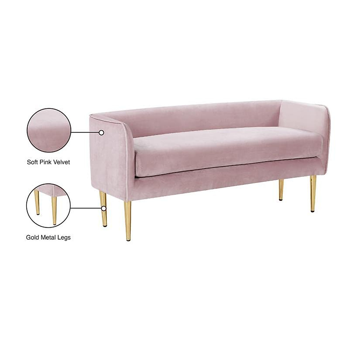 Meridian Furniture Audrey Collection Modern | Contemporary Velvet Upholstered Bench with Sturdy Metal Legs in Gold Finish, 52" W x 19" D x 24" H, Pink