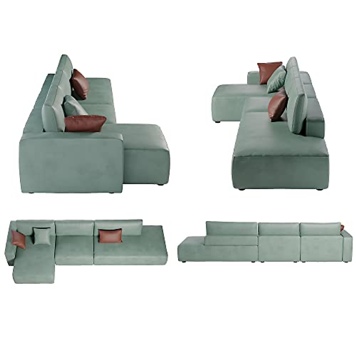 JACH 145" Modular Leathaire Large Sectional Sofa with Chaise, L-Shaped Faux Leather 5 Seater Minimalist Couch, Modern Right Hand Facing Sectional Sofas with 3 Throw Pillows, Green