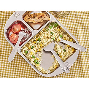 Kiddobloom Baby Stainless Steel Utensil Set. Education Series. Stainless #304 (18/8) 5pc Set (2 Spoons, 2 Forks, 1 Baby Butter Spreader/Food Pusher). Suitable for Baby Feeding/Weaning. Elegant Gift