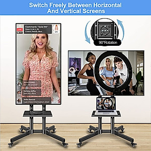Hellsehen Rotating Mobile TV Cart Holds up to 110lbs,Rolling TVs Stand for 32-60 Inch, Portrait to Landscape, Heavy-Duty Floor Stand Base for Live Stream Video Conferencing Tiktok YouTube Zoom
