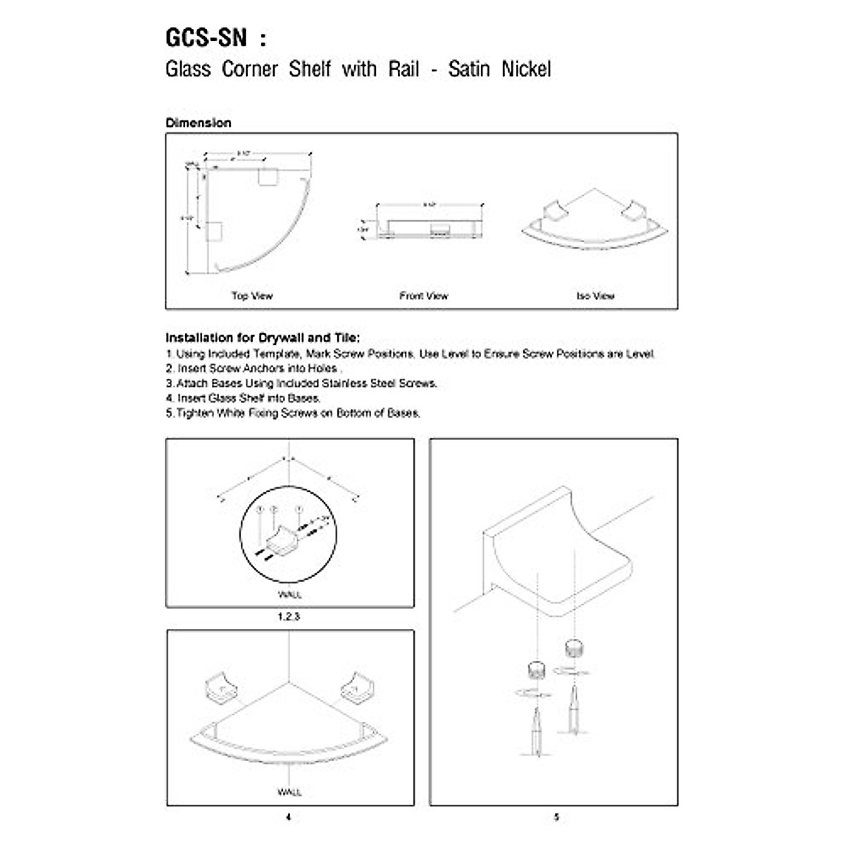 MODONA Corner Glass Shelf with Rail – Satin Nickel – 5 Year Warrantee