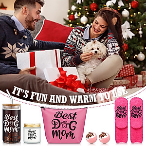 Mumufy 7 Pcs Dog Mom Cup Gifts 20 oz Coffee Glass Tumbler with Bamboo Lid Straw Brush Makeup Bag Socks Scented Candle Bath Salt Ball for Puppy Dog Lover Veterinarian Coffee Lovers Christmas Gifts