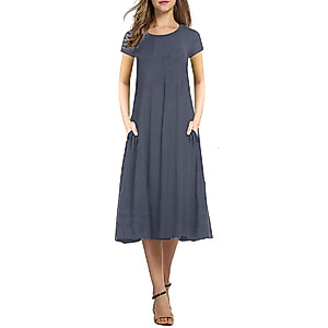 Necooer Women's Casual Loose T-Shirt Dress Plain Pleated Long Dress Short Sleeve Round Neck Midi Dress (X-Large, B-Gray)