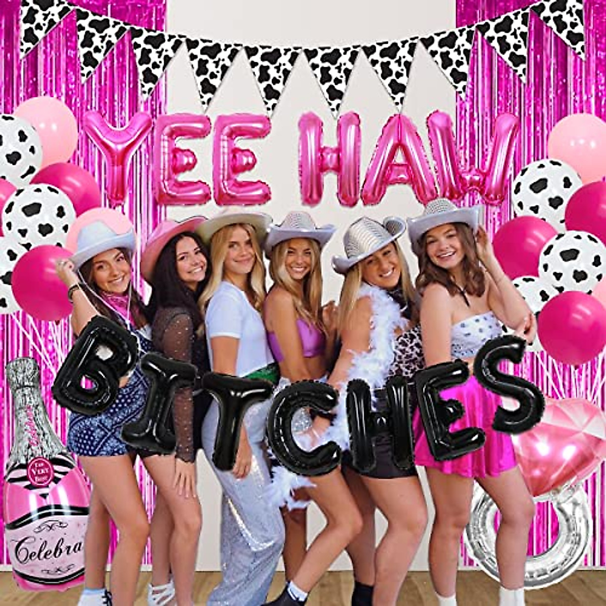 Western Bachelorette Party Decorations, Hot Pink and Black Yeehaw Bitches Balloon Cow Print Pennant Banner, Cowgirl Nashville Bridal Shower Supplies