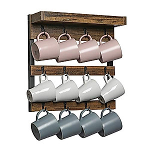 OROPY Coffee Mug Rack Wall Mounted, Rustic Wood Cups Rack with 12 Hooks and Storage Shelf, for Home Kitchen Display and Collection (Rustic Brown)
