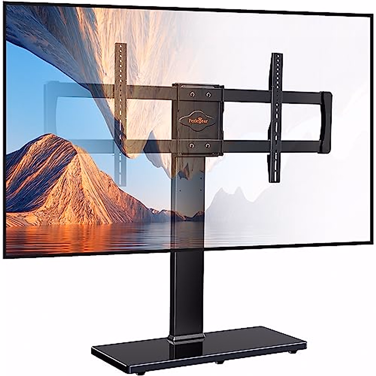Perlegear Universal TV Stand Mount, Heavy-Duty Tabletop TV Stand for 43–85 inch TVs up to 99 lbs, Swivel TV Stand with Tempered Glass Base, Height-Adjustable TV Stand Base, Max VESA 800x400mm