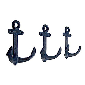 Wowser Nautical Cast Iron Ship Anchor Wall Hooks, 6 Inches, Set of 3 (Blue)