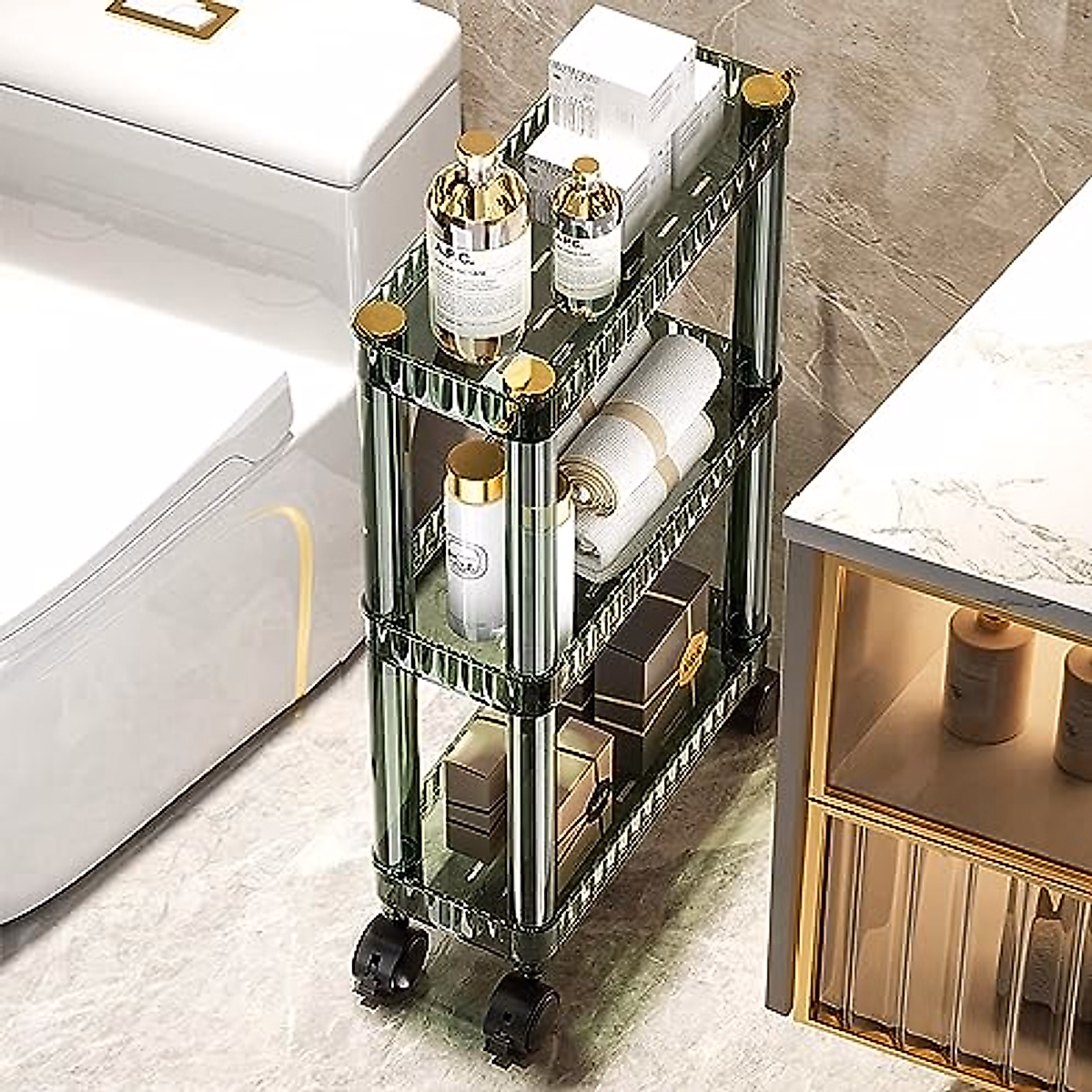 DARZYS Rolling Cart Storage cart Multifunction Moving Small Carts Slide Out Mobile Shelving Unit Cart with Wheels, 8" Dx6.2 Wx25.6 H Green