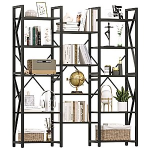 GAOMON Bookcases and Bookshelves Triple Wide 5 Tiers Bookshelf, Rustic Industrial Book Case with 14 Open Display Shelves, Wide Tall Bookcase for Bedroom, Living Room and Home Office-Black