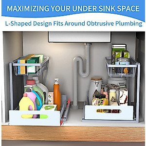Under Sink Organizer, SUTINE 2 Tier L-Shape Bathroom Organizer, Pull Out Cabinet Organizer Storage Shelf, Multiuse Under Sink Organizers and Storage for Kitchen Bathroom (White)