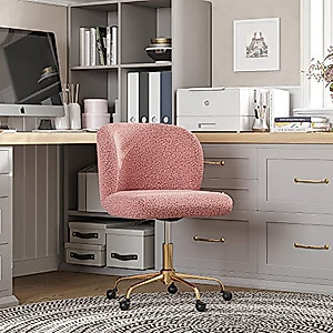 BELLEZE Modern Upholstered Boucle Desk Chair with Swivel Wheels and Adjustable Height, Decorative Rolling Office or Vanity, Stylish Comfy - Aston (Gold - Pink)