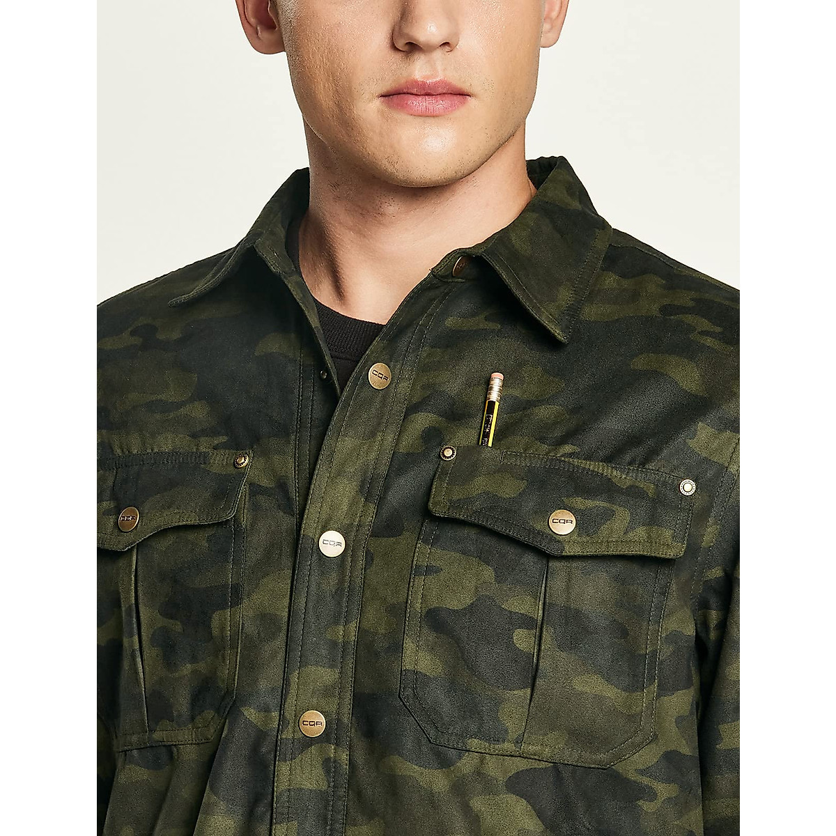 CQR Men's Flannel Lined Shirt Jackets, Long Sleeved Rugged Plaid Cotton Brushed Suede Shirt Jacket, Flannel Print Lined Camo Olive, X-Small