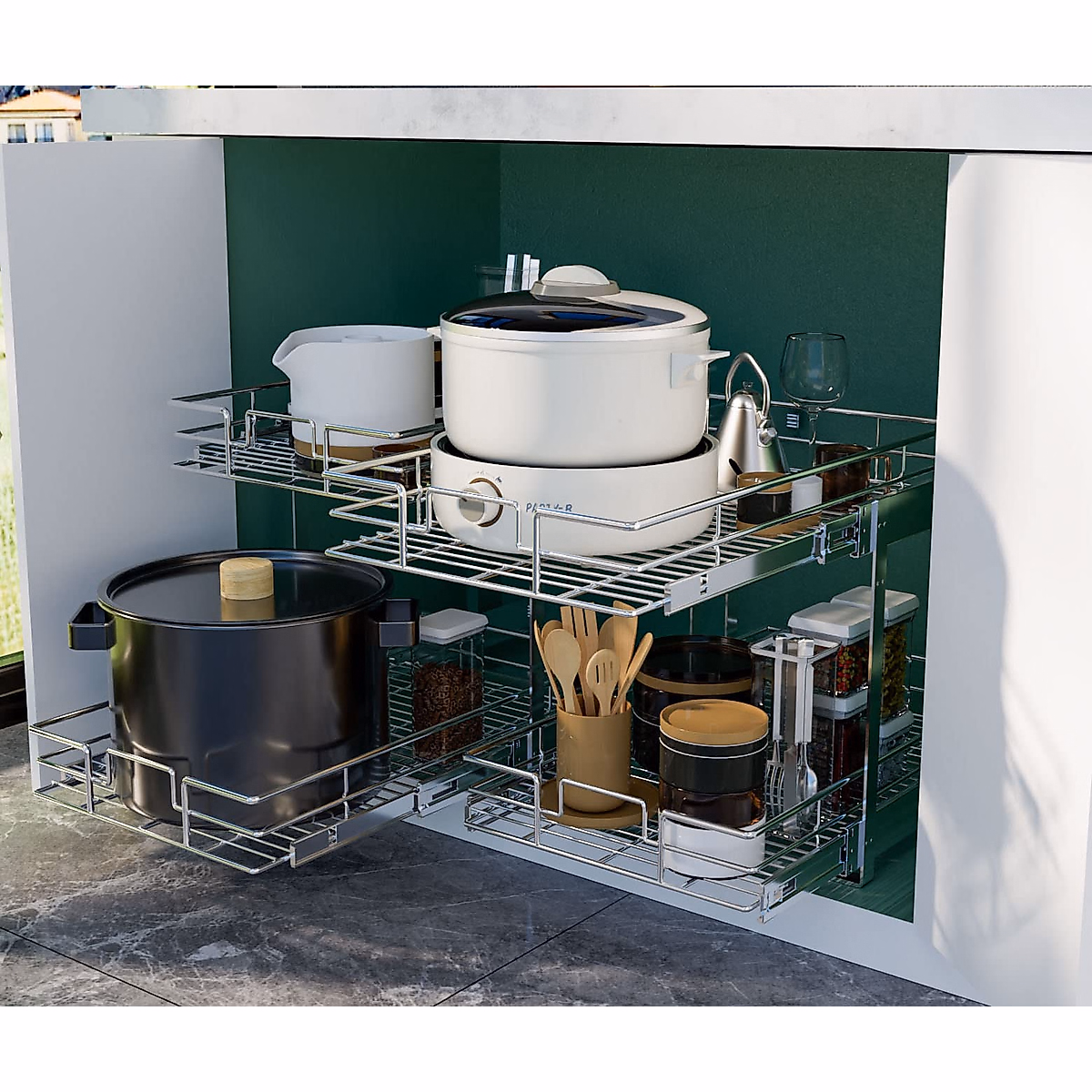 LOVMOR 2 Tier Individual Pull Out Cabinet Organizer 14" W x 21" D, Slide Out Kitchen Cabinet Storage Sliding Shelves