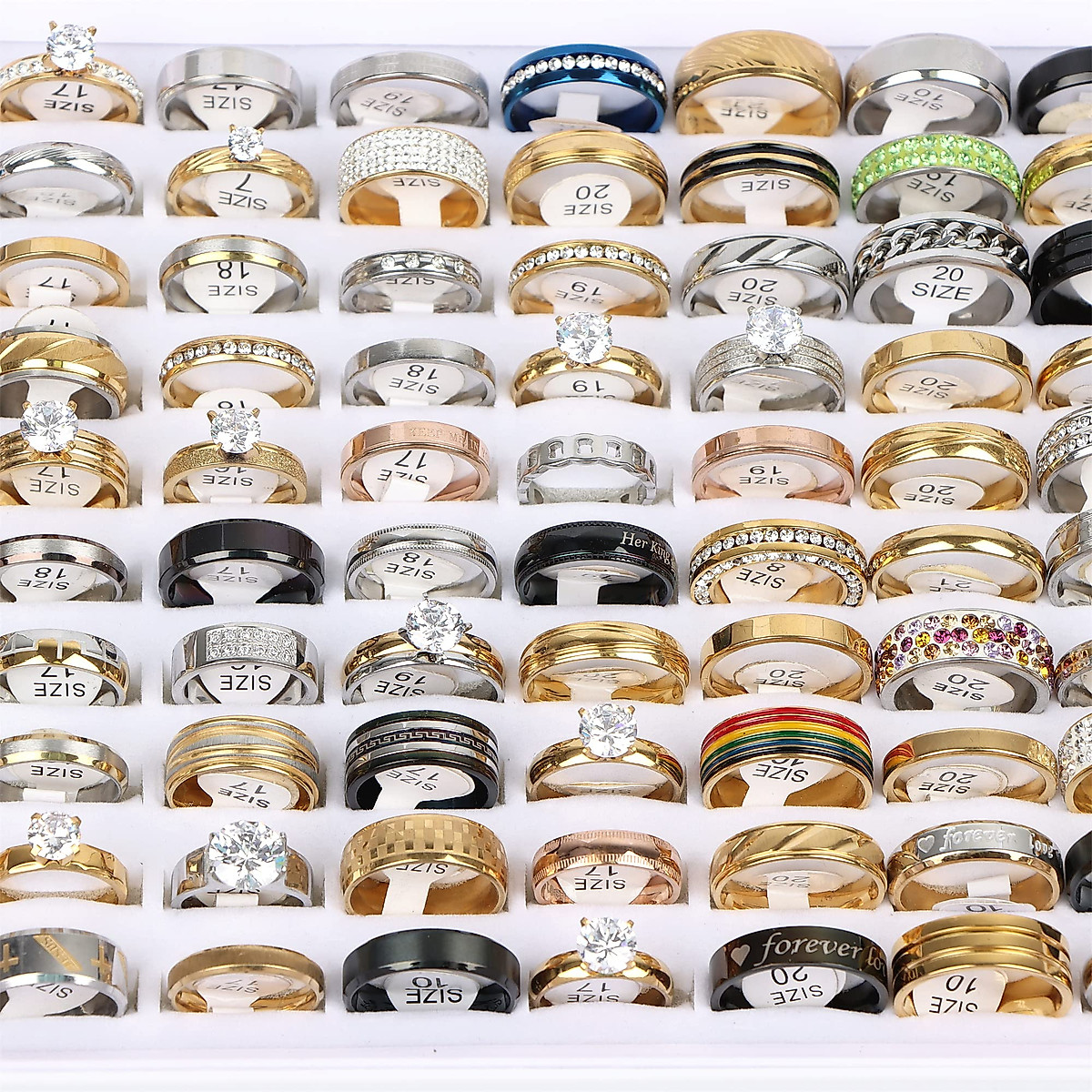 juanmaojuan 36Pcs Fashion Stainless Steel Rhinestone Band Rings For Women Men Mix Style Party Jewelry No Fade Wholesale (Mix Size 6-12)