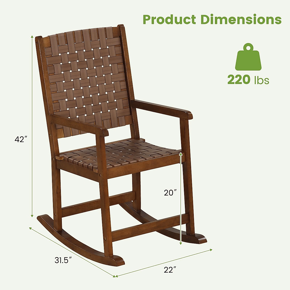 Tangkula Outdoor Rocking Chair, All Weather PU Seat & Rubber Wood Frame Porch Rocker, Safe & Smooth Rocking Motion, Ergonomic Patio Rocking Chair for Garden, Lawn, Balcony, Indoor (1, Brown)