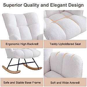 Zedachica Rocking Chair Nursery Teddy Upholstered Glider Rocker Rocking Accent Chair Padded Seat with High Backrest Armchair Comfy Side Chair for Living Room Bedroom Offices (White Teddy)