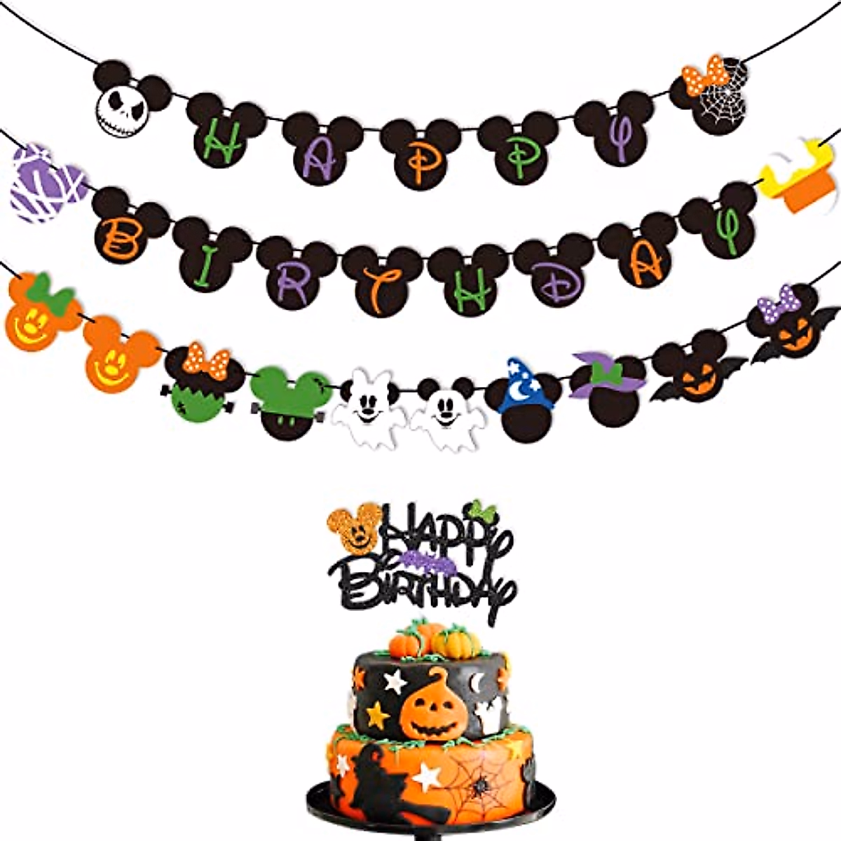 Mickey Minnie Halloween Happy Birthday Banner Cake Topper for Mickey Mouse Minnie Mouse Theme Halloween Birthday Party Decorations