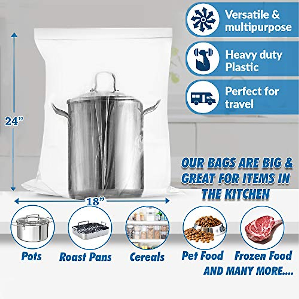 [ 30 COUNT ] Extra Large Reclosable Bags, 5 Gallon Jumbo Size 18" x 24" Strong Clear Big Storage Bags -2 MILL THICK -For Food Prep, Moving, Travel, & Organization