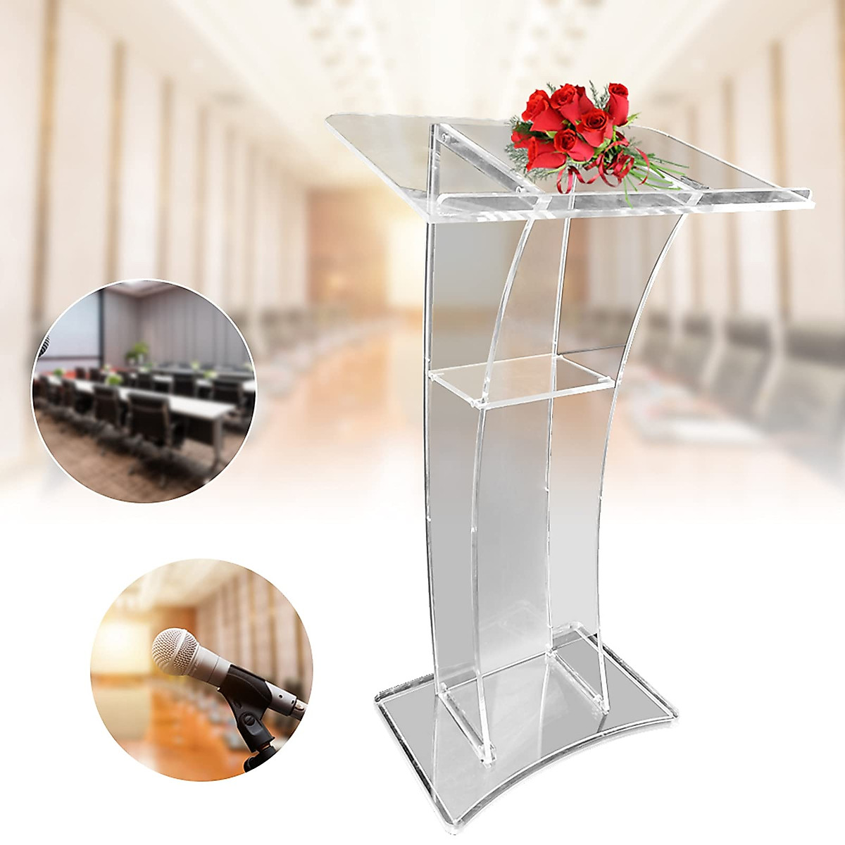 Conference Pulpit Acrylic Transparent Podium Clear Church Lectern Pulpit Office with Light and Remote Control 24x16x43 Inch (Without LED and Remote Control)